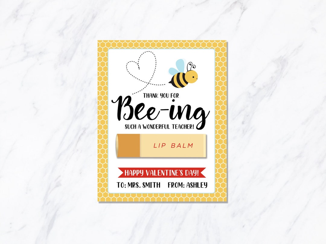 Valentine Bee Lip Balm Card for Teachers -teacher Valentine Card ...