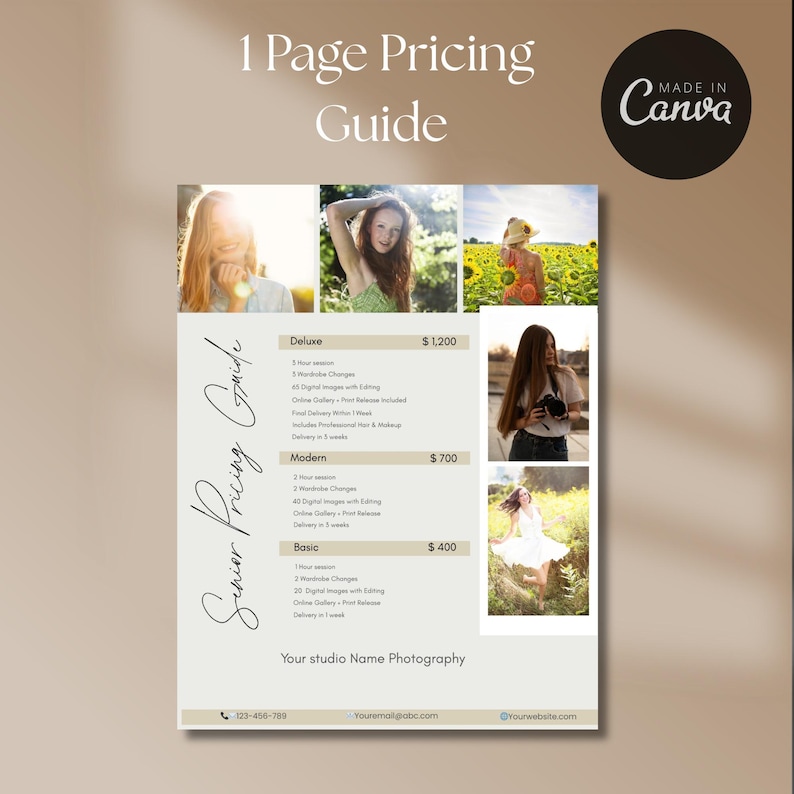 Editable Senior Pricing Guide Template | Photography Pricing List ...