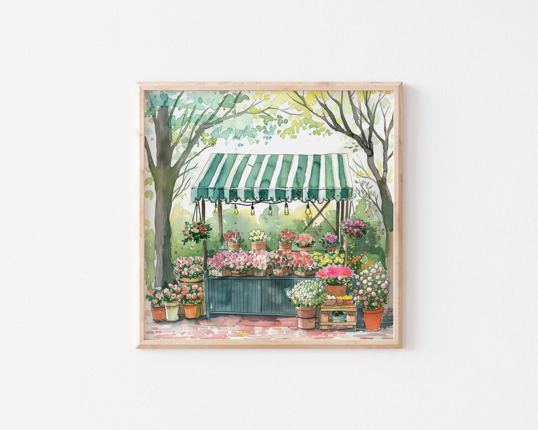Watercolor Flower Stall Poster, Spring Market Botanical Print, Dappled ...
