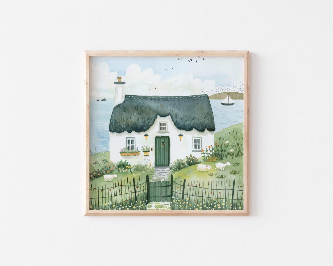 Calming Cottagecore Poster, Watercolor Seaside Print, Thatched Roof ...
