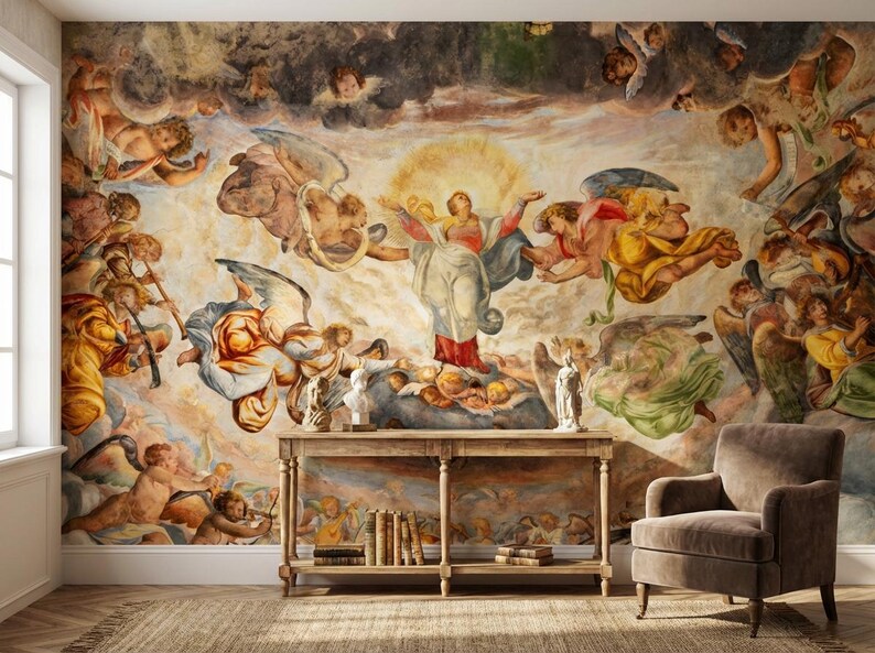 Renaissance Ceiling Mural – Baroque Style Angelic Fresco Religious Wall ...