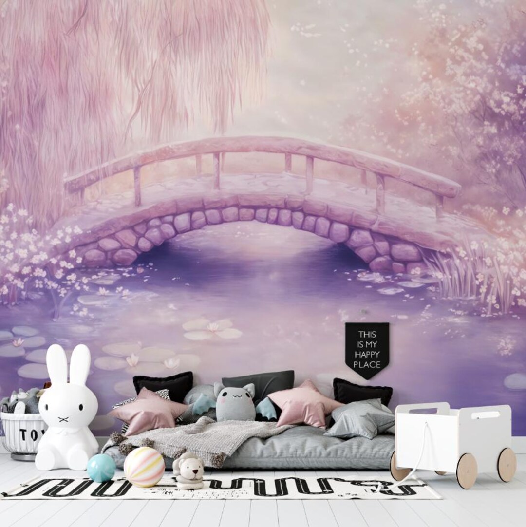 Romantic Garden Bridge Mural: Water Lily Pond Wallpaper, Pastel Bedroom ...