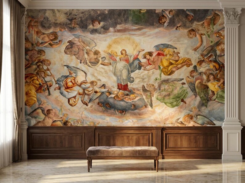 Renaissance Ceiling Mural – Baroque Style Angelic Fresco Religious Wall ...