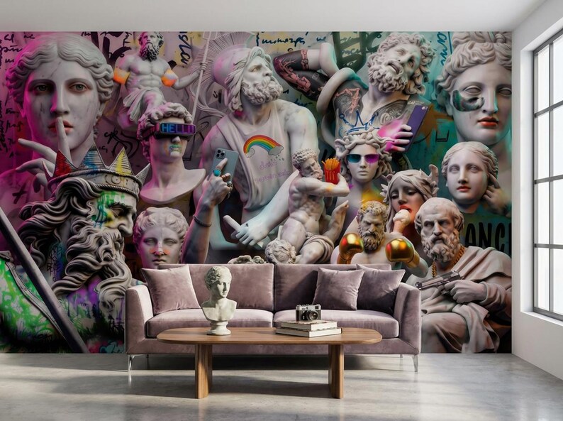 Graffiti Statue Wallpaper – Neon Pop Art Peel and Stick Greek Sculpture ...