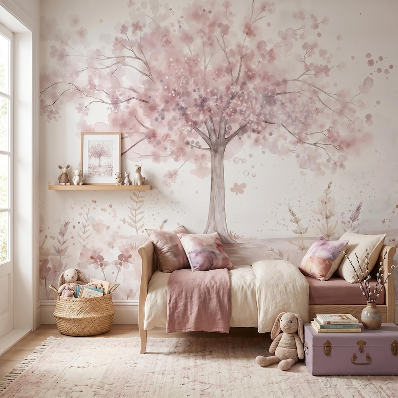 Nursery Wallpaper | Blush Pink Watercolor Tree Mural | Peel and Stick ...