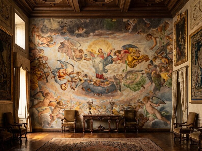 Renaissance Ceiling Mural – Baroque Style Angelic Fresco Religious Wall ...