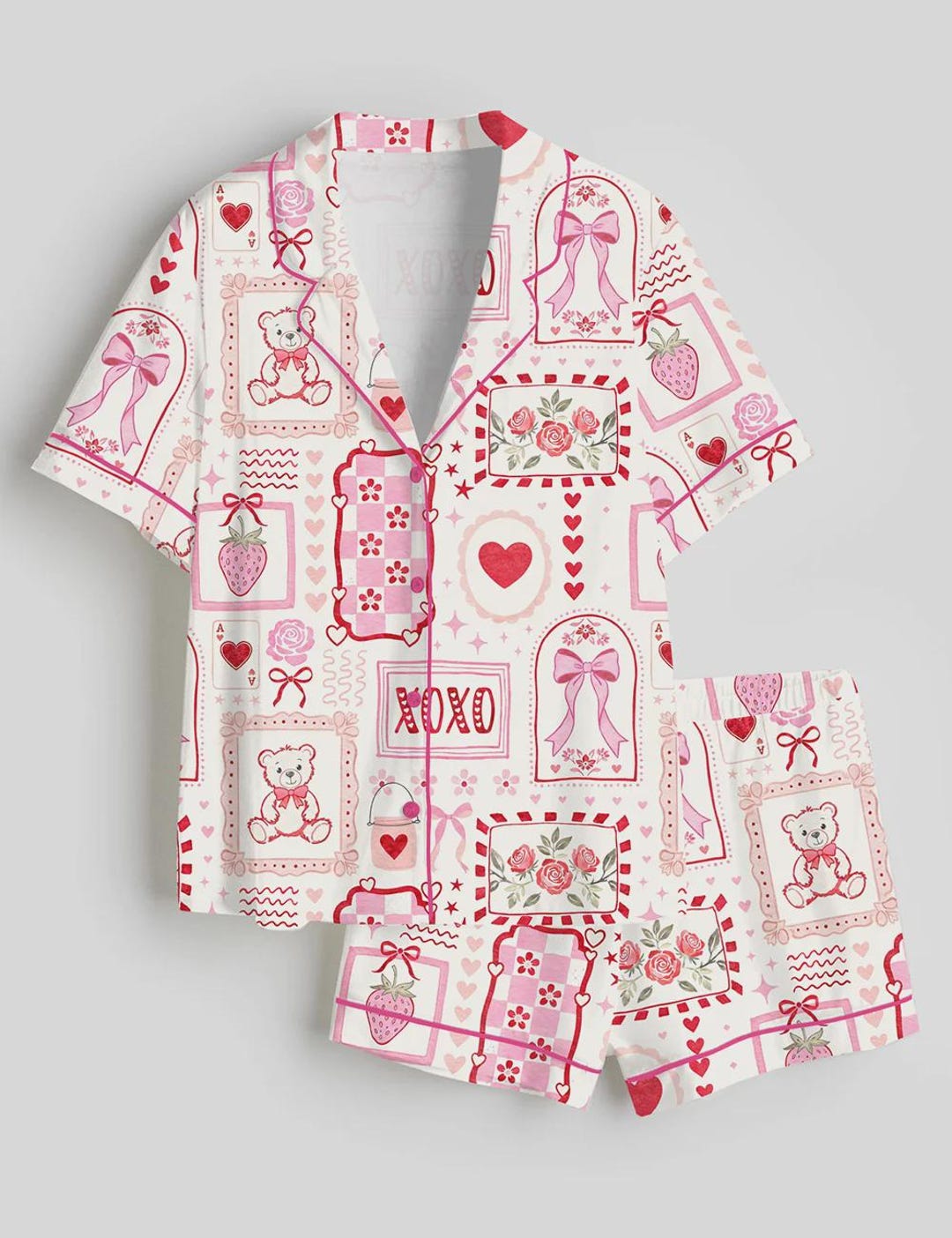 Preppy Satin Pajama Set for Women – Valentine Hearts Teddy Bear Bows ...
