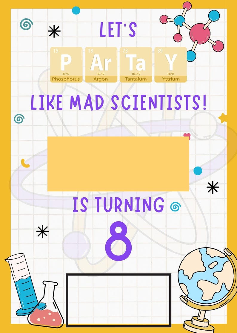 Printable Mad Science STEM Theme Invitation Card for Kid Birthday Party ...
