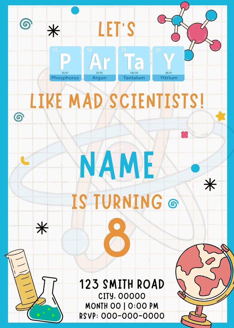Editable Mad Science STEM Theme Invitation Card for Kid Birthday Party ...