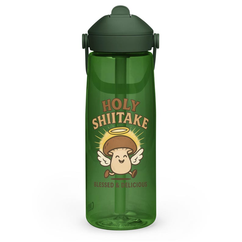 Holy Shiitake Flip Straw Water Bottle | Funny Mushroom Pun | Cartoon ...
