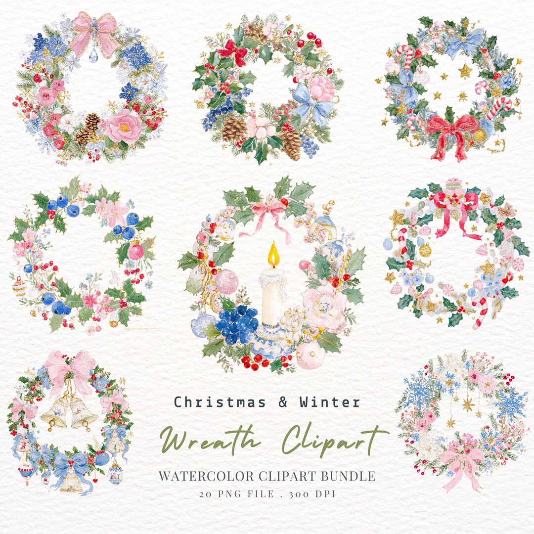 Christmas & Winter Wreath Clipart Bundle – 20 PNG Watercolor Holiday ...