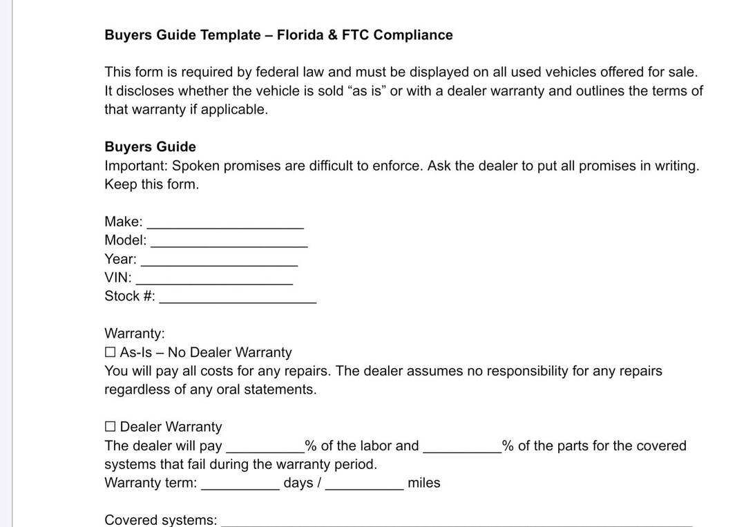 Buyers Guide Template Florida FTC Compliance - Etsy