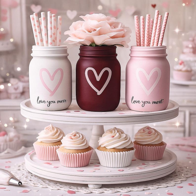 Hand-painted Valentine's Day Mason Jar Set – Heart Decor, Romantic ...