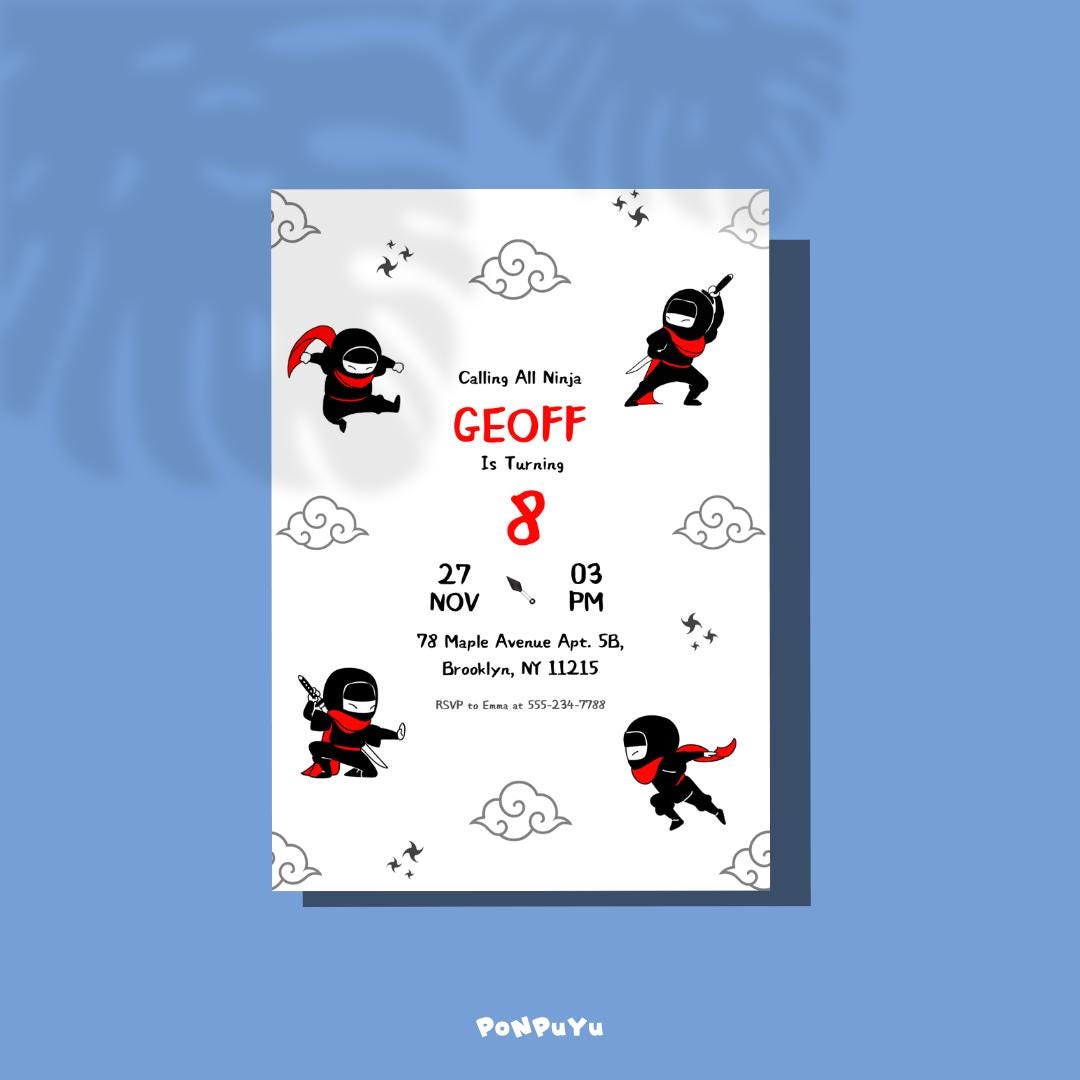 Ninja Shinobi Invitation, Martial Art Birthday Invite , Action Party ...