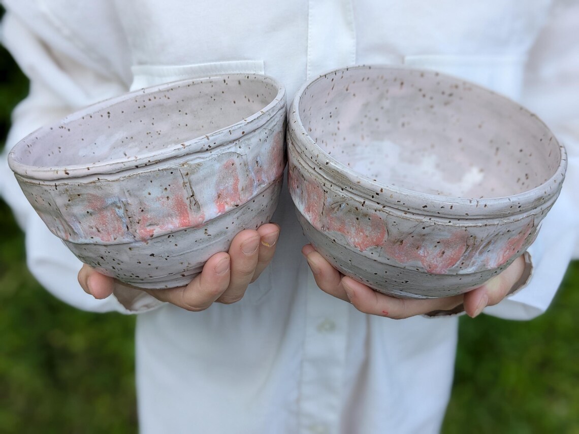 Pink and White, Pair of Speckled Handmade Pottery Bowls - Etsy
