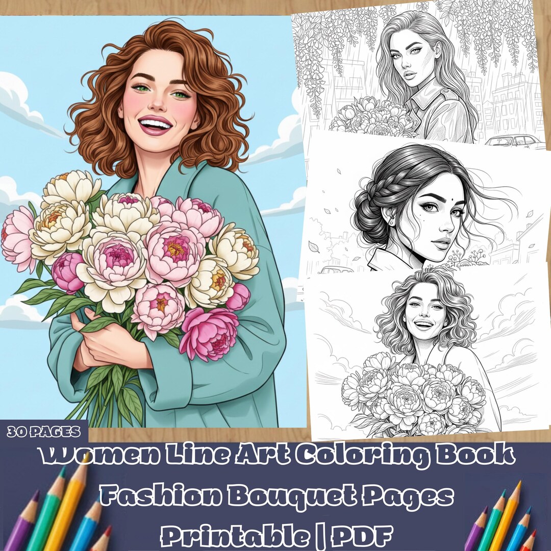 Women Line Art Coloring Book Fashion Bouquet Pages | Printable | PDF - Etsy