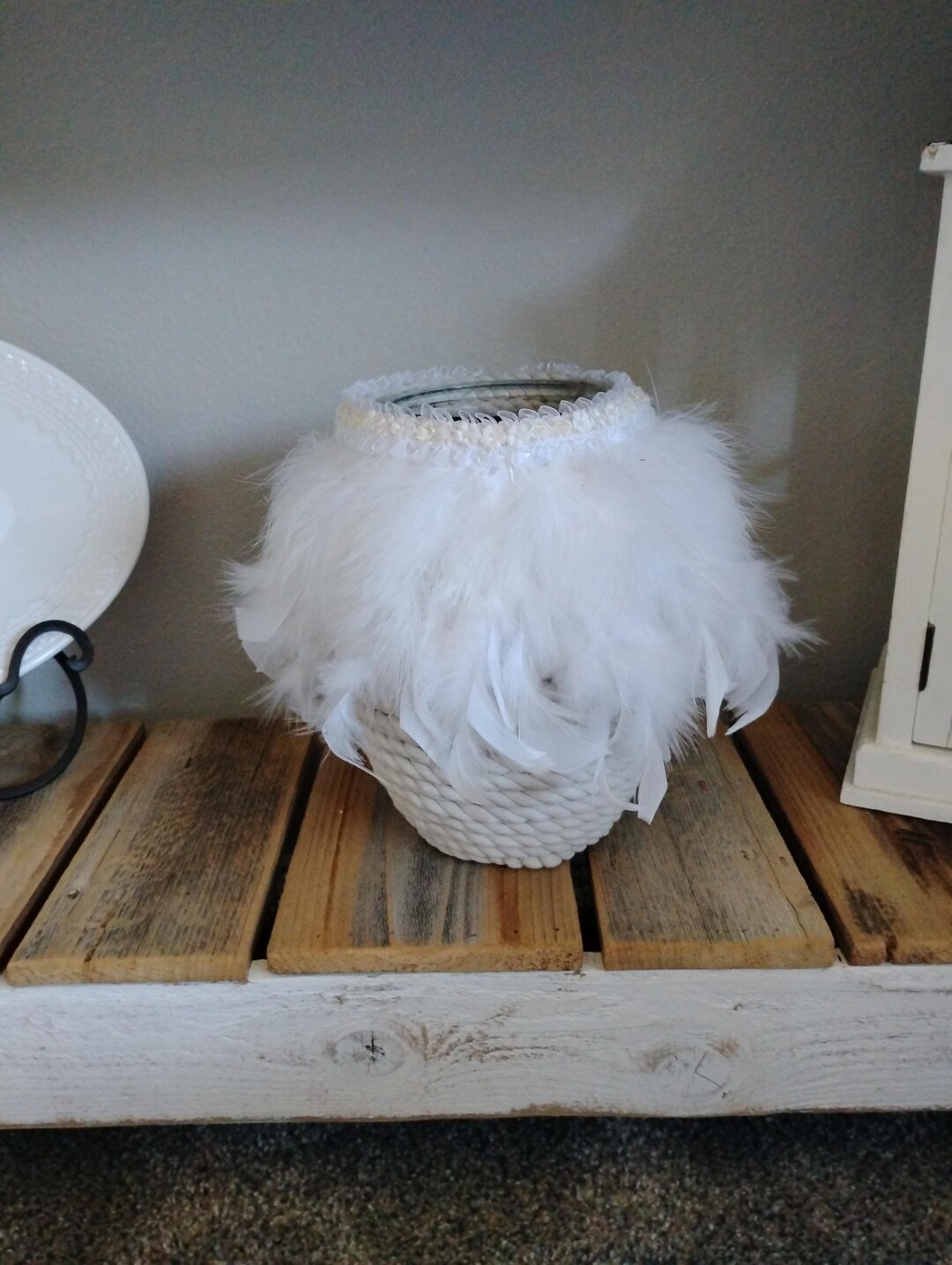 White Feathered Glass Vase 9.5