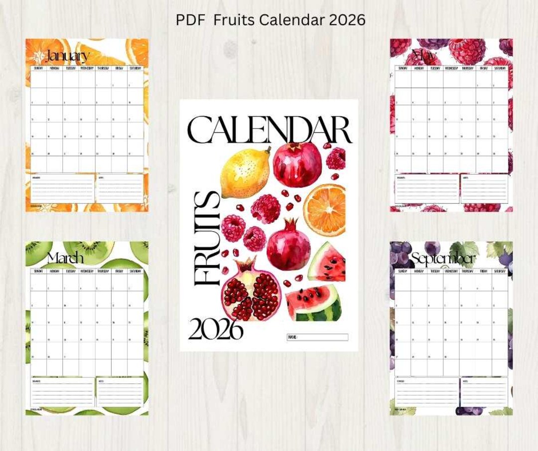 Fruits 2026 Printable Calendar – 12 Monthly Fruit Theme Pages, A4 PDF ...