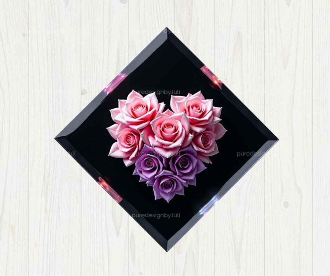 3D Rose Heart PNG on Black Crystal Frame, Pink and Purple Roses Wall ...