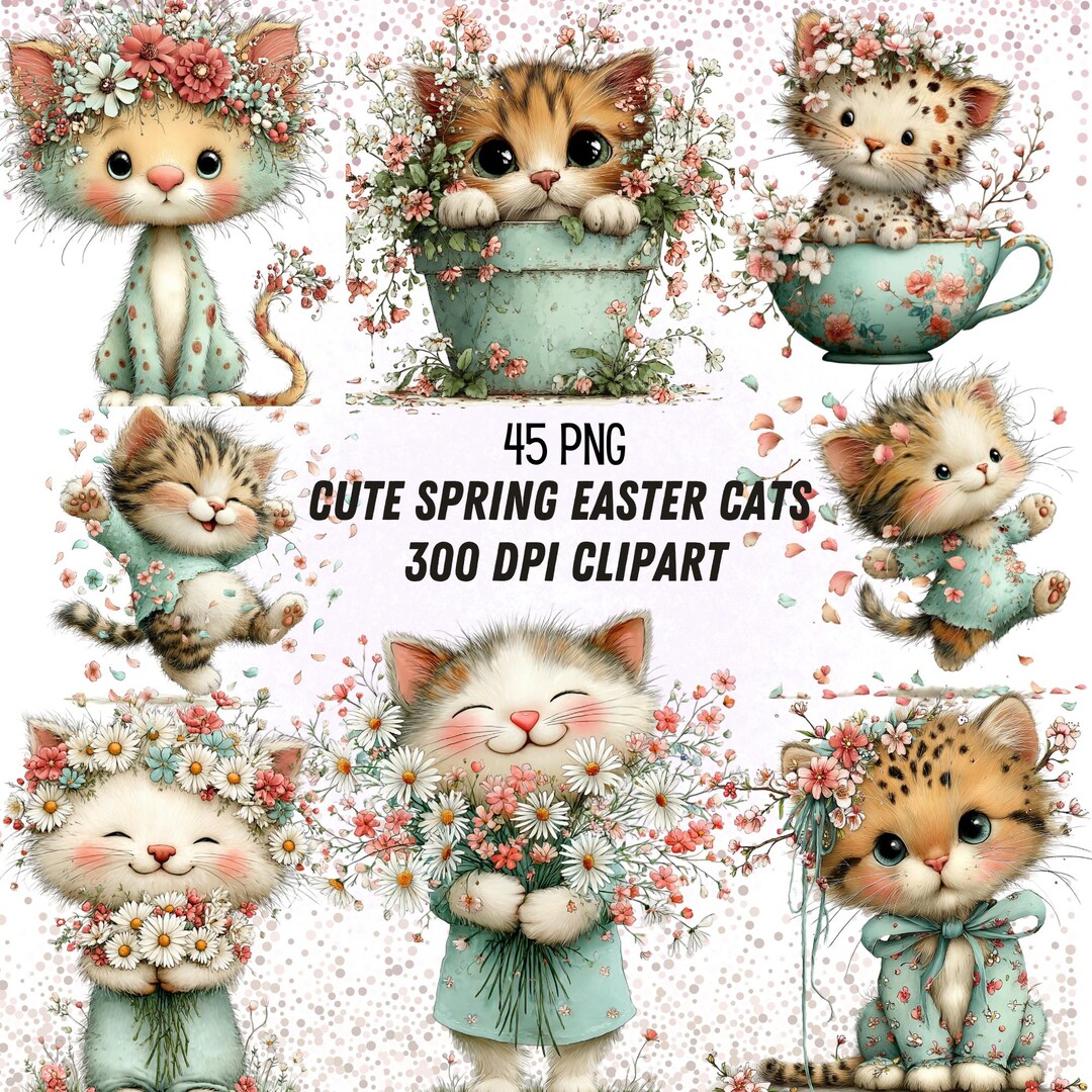 45 PNG Whimsical Cat Clipart – Cute Spring Cat With White Floral Crown ...