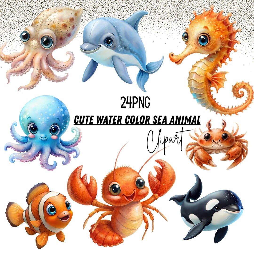 Cute Under the Sea Animals Clipart, Cute Sea Creatures, Perfect for ...