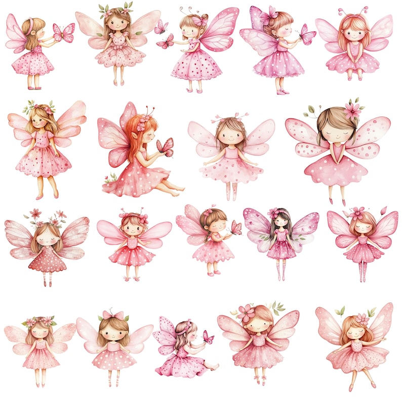Watercolor Pink Fairies Clipart Bundle: Magical Garden, Fairy Houses ...