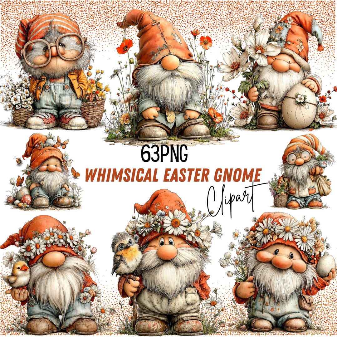 63 PNG Whimsical Easter Gnome Clipart – Cute Spring Gnomes With Flowers ...