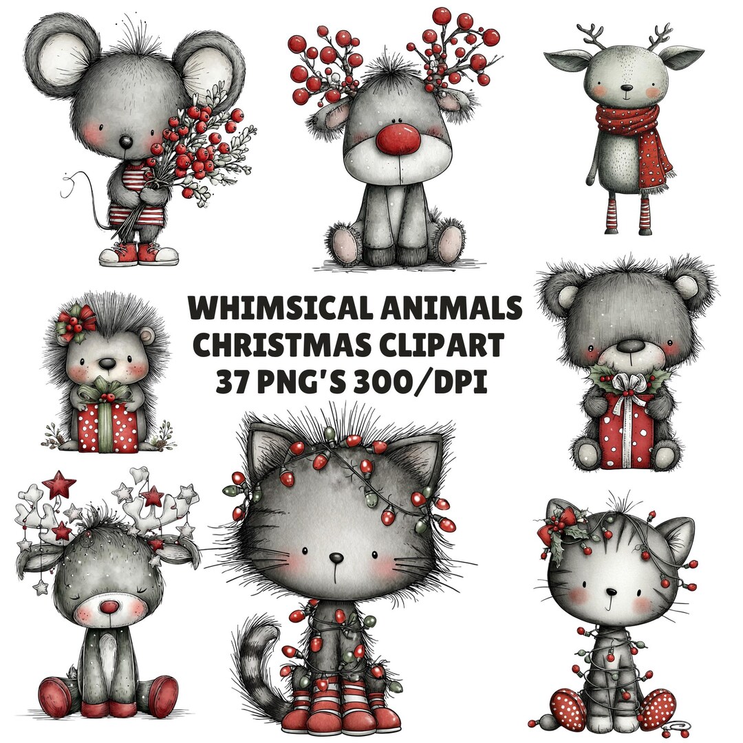 Whimsical Christmas Animals Clipart Bundle, Cute Holiday Animal PNG Set ...