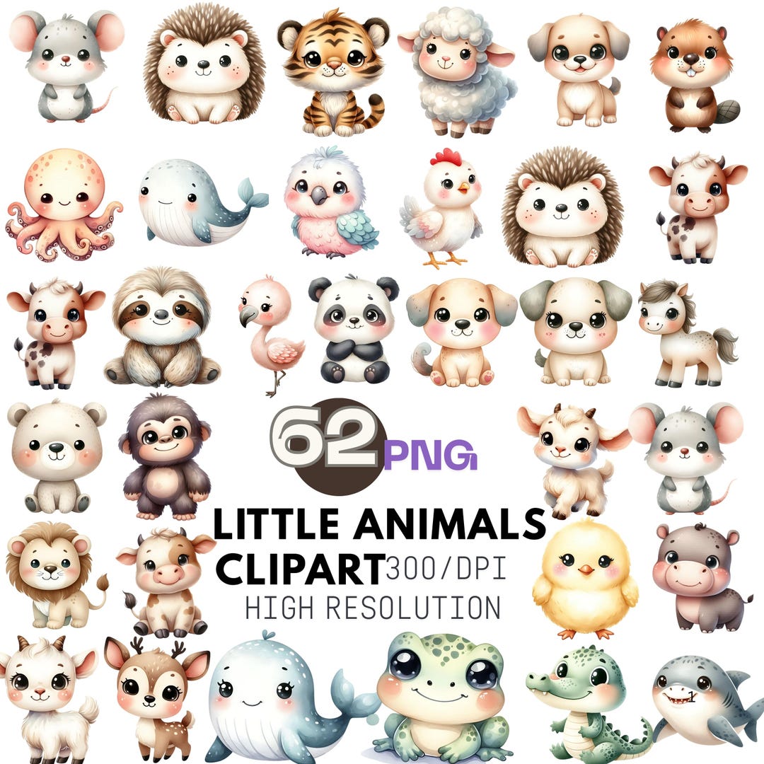 Watercolor Baby Animals Clipart Bundle: 62 Pngs, Nursery Art (digital ...