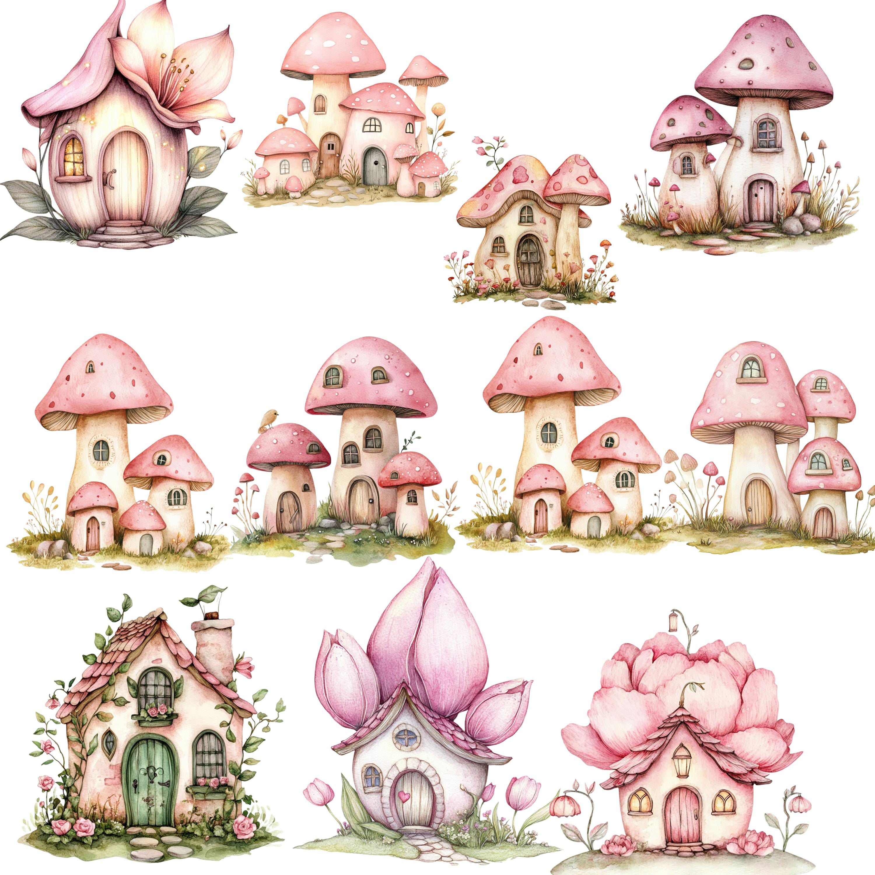 Watercolor Pink Fairies Clipart Bundle: Magical Garden, Fairy Houses ...