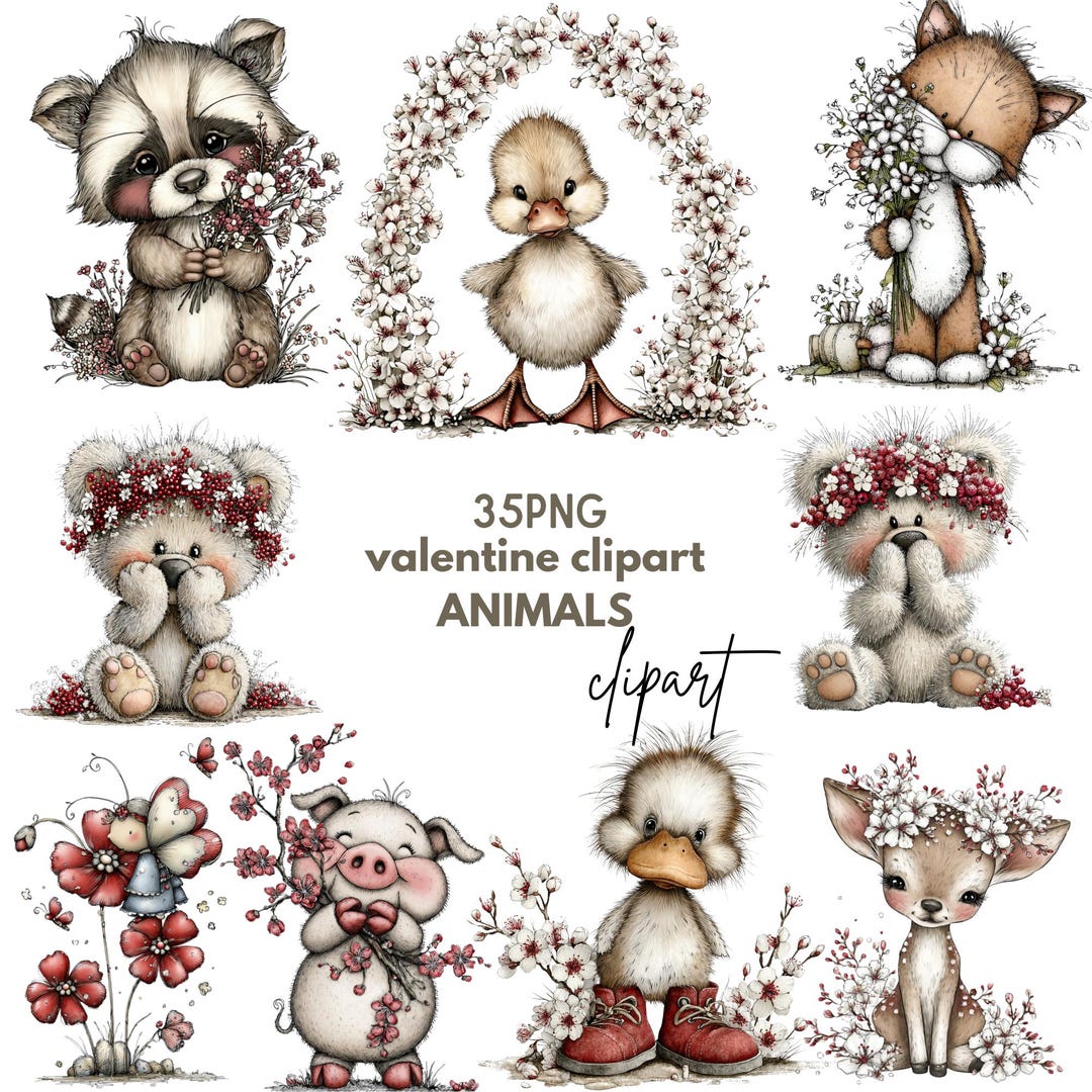 35 PNG Valentine Animals Clipart Bundle | Cute Watercolor Baby Animals ...