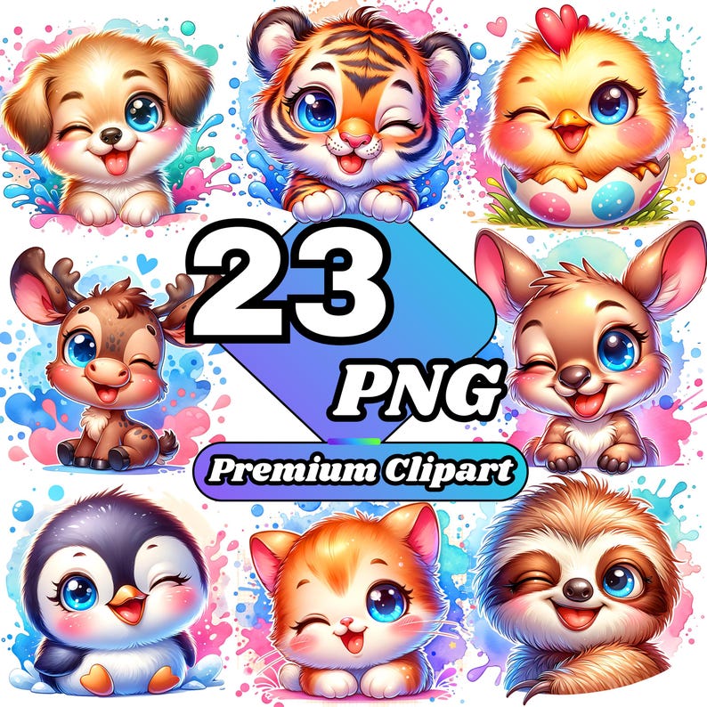 Kawaii Baby Animals Clipart Bundle, Watercolor Cartoon Pets (23 PNG ...
