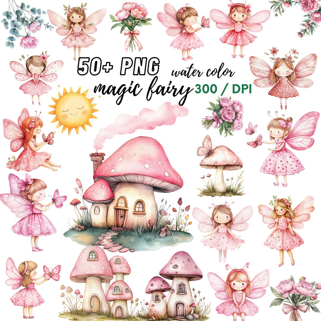 Watercolor Pink Fairies Clipart Bundle: Magical Garden, Fairy Houses ...