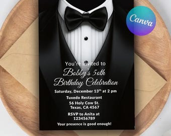 Tuxedo Birthday Invitation | Editable Formal Party Invite for Boys or ...