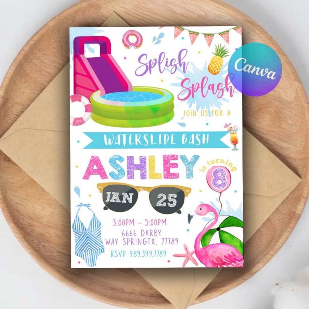 Editable Water Slide Birthday Invitation: Summer Pool Party, Girl ...