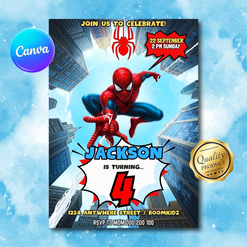 Spider Man Birthday Invitation for Boys, Editable Canva Superhero Party ...