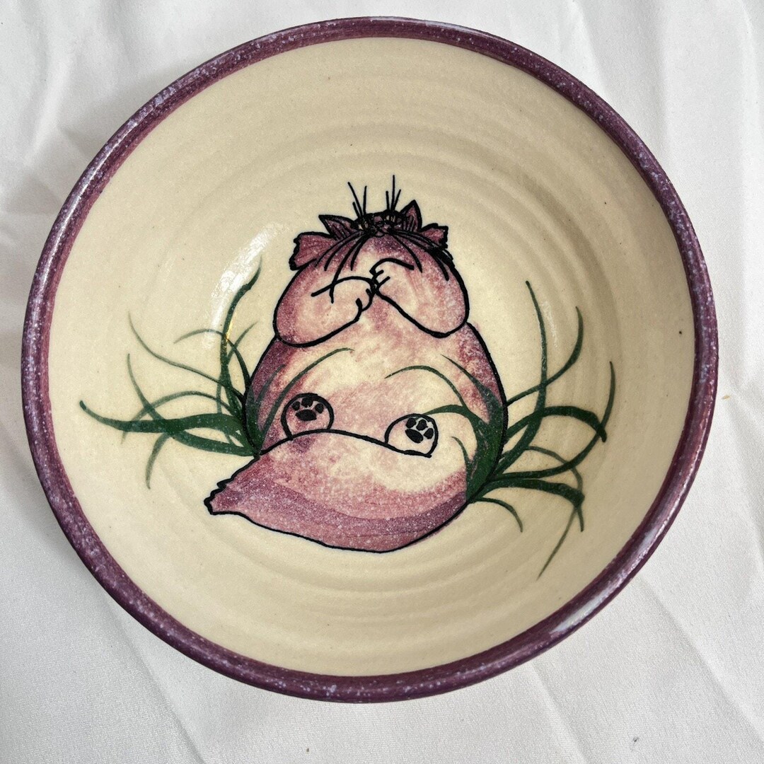 Art Pottery Moonfire Studio Purple Fat Cat Water Dish Bowl Pet Artisan ...
