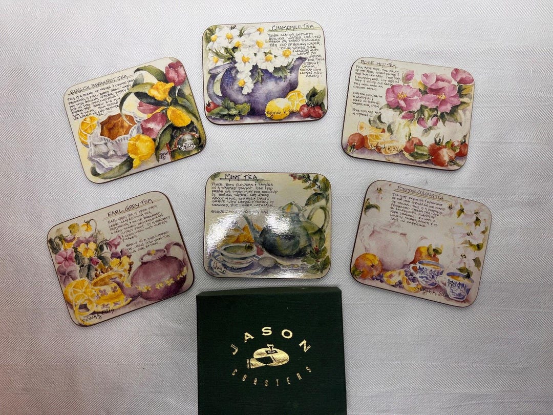 Vintage Jason Coasters Tea Recipes Theme Cork Backed New Zealand Set of ...
