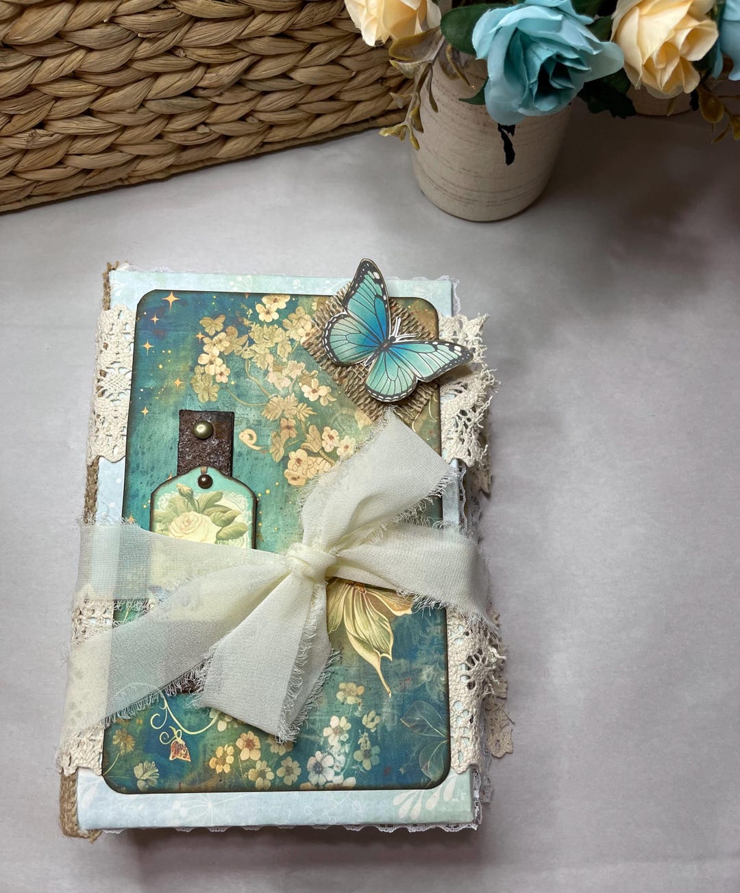 Handmade Ribbon Laced Writing Journal: Floral Ephemera, Vintage Style ...