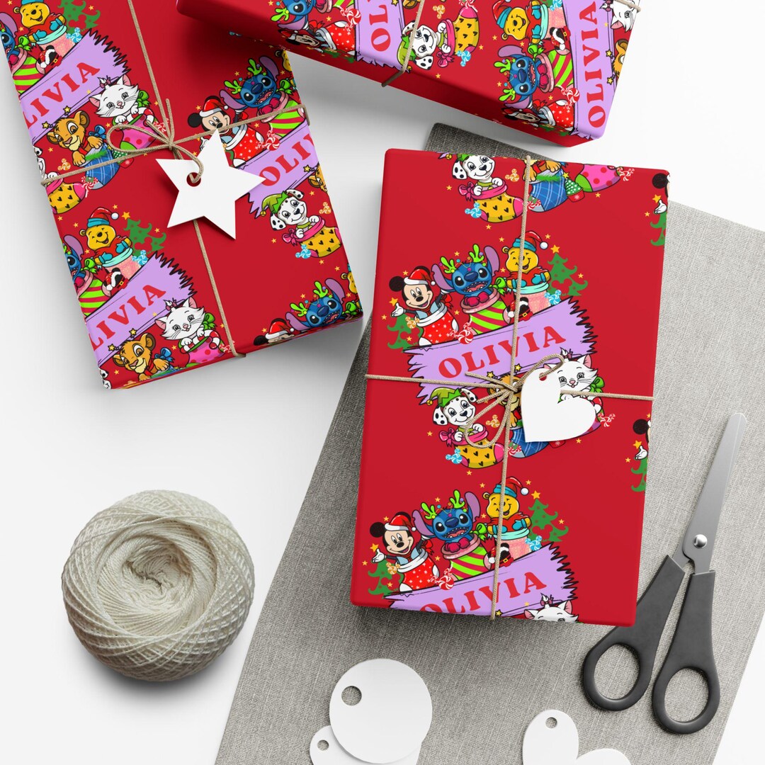 Personalized Cartoon Characters Gift Wrap Paper | Red Birthday Wrapping ...