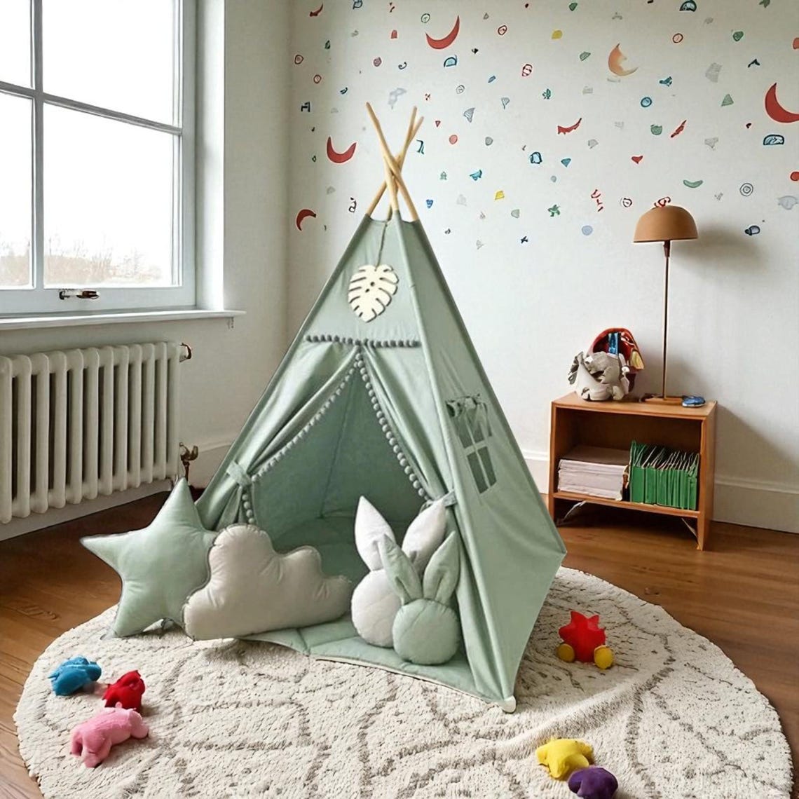 Kids Teepee Tent With White Pompoms – Indoor Play Teepee for Children ...
