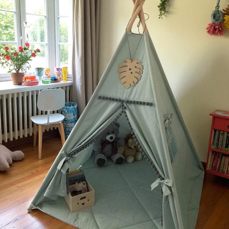 Kids Teepee Tent With White Pompoms – Indoor Play Teepee for Children ...