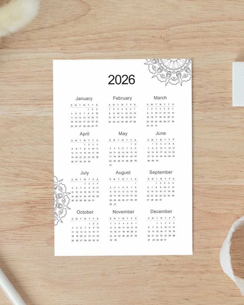 2026 One Page Calendar Printable,minimalist Yearly Calendar A4 Letter ...
