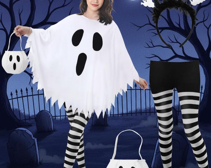 Adult Ghost Costume Set - 4 Pcs With Poncho, Accessories & Tights ...