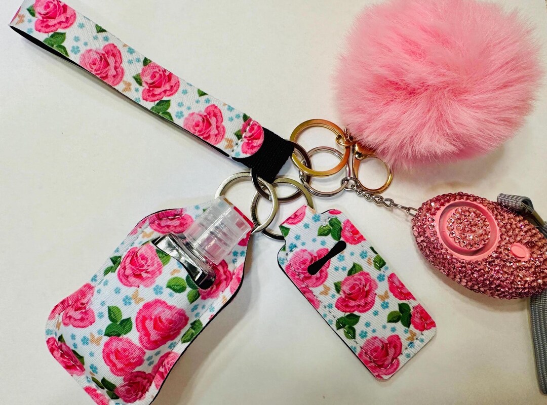 Pink Rose Keychain With Bling Alarm, Wristlet, Pom Pom - Etsy