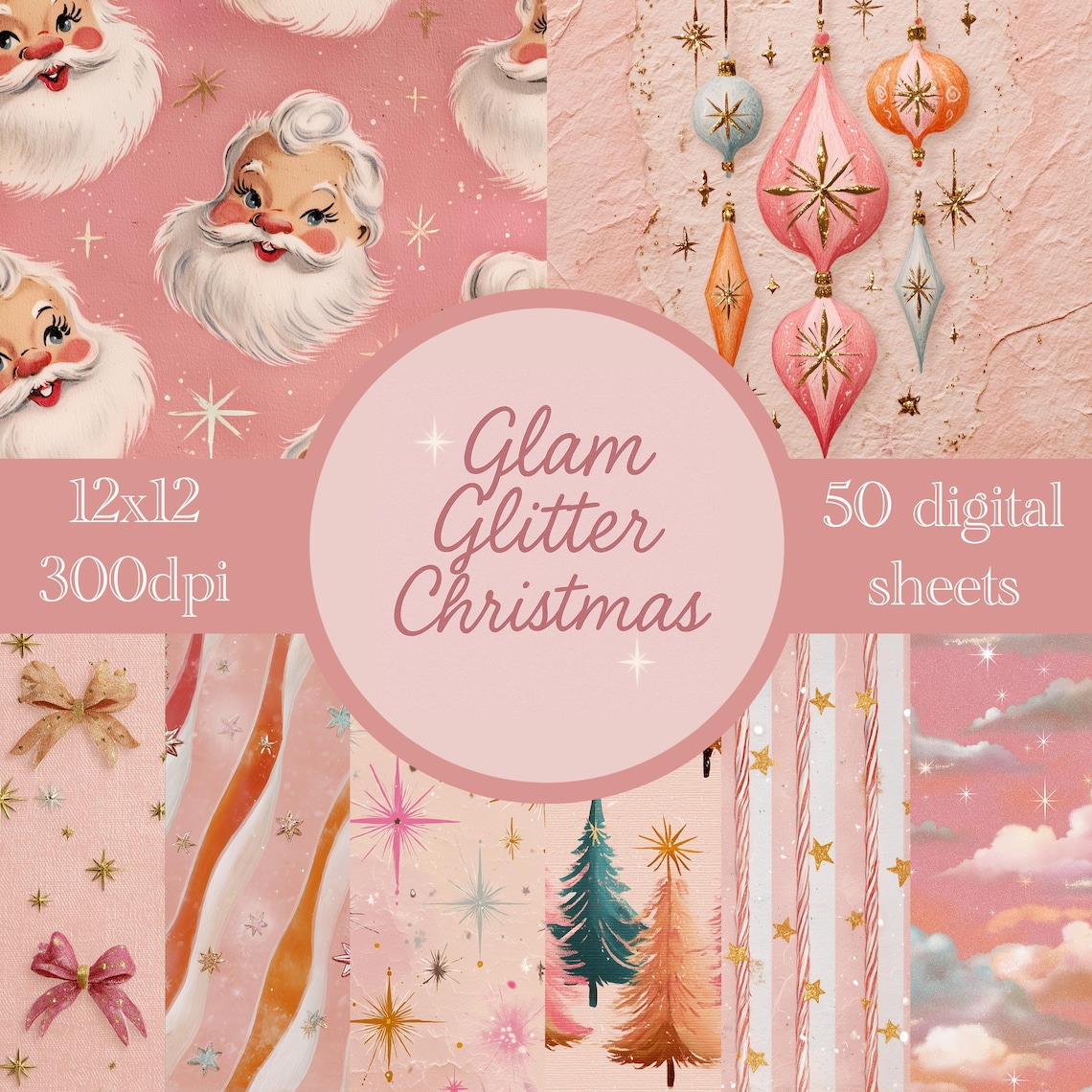 Pink Retro Glam Christmas Paper, 50 Scrapbook Pages (digital Download ...
