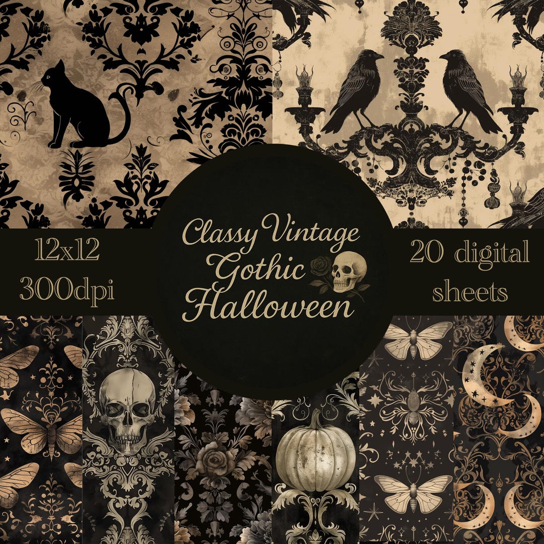 Vintage Gothic Halloween Digital Scrapbook Paper, 12x12 Printable Paper ...