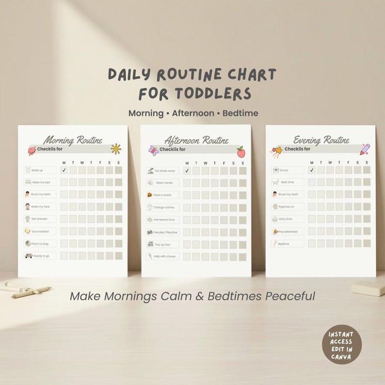 Kids Daily Routine Chart Printable, Morning & Bedtime Checklist for ...