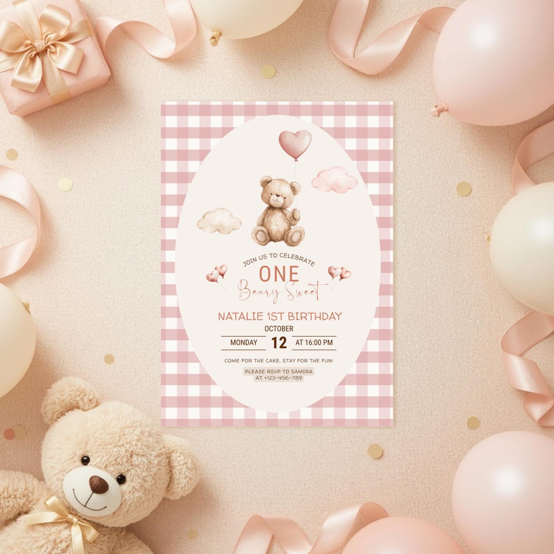 Bear First Birthday Invitation | Beary Sweet One Canva - Etsy