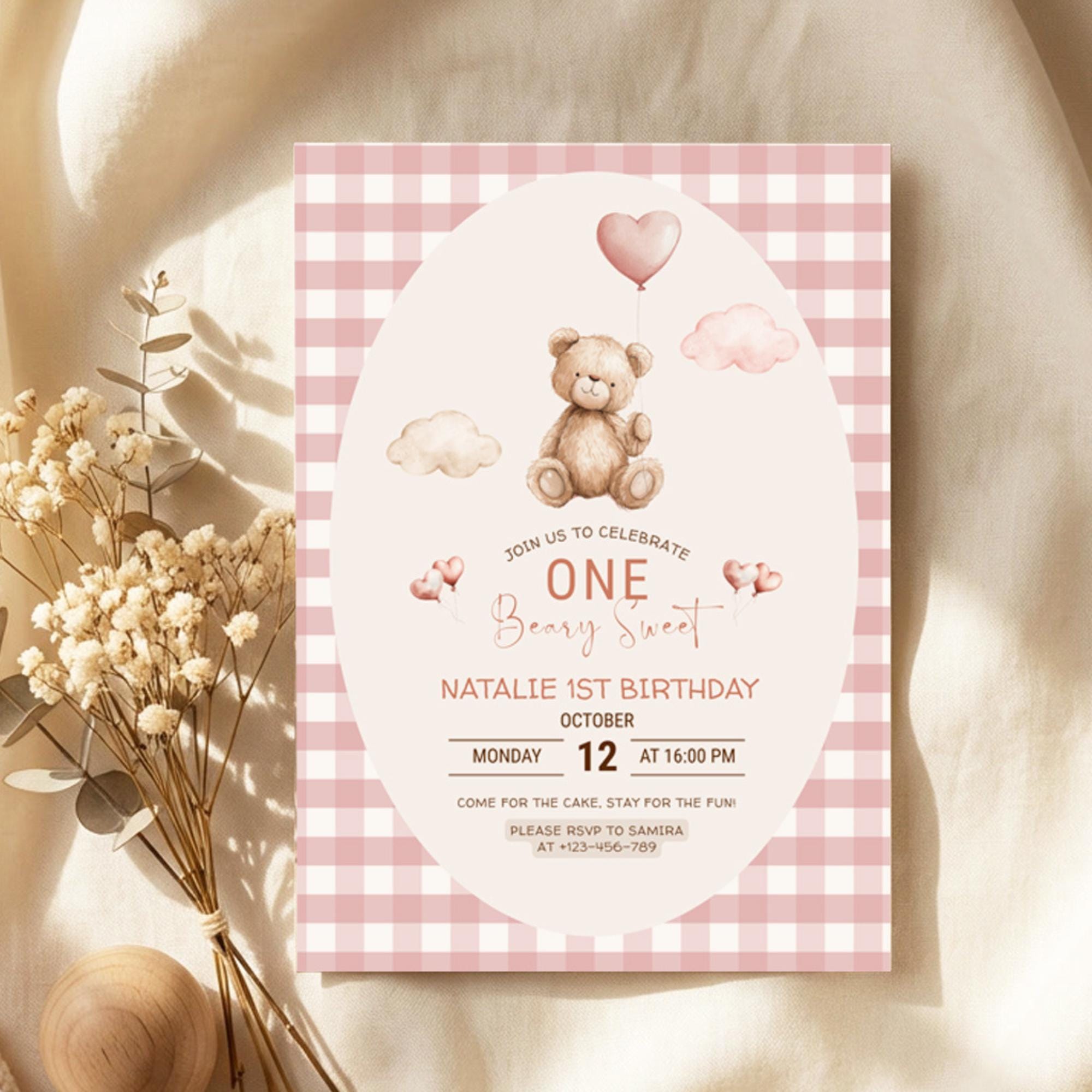 Bear First Birthday Invitation | Beary Sweet One Canva - Etsy